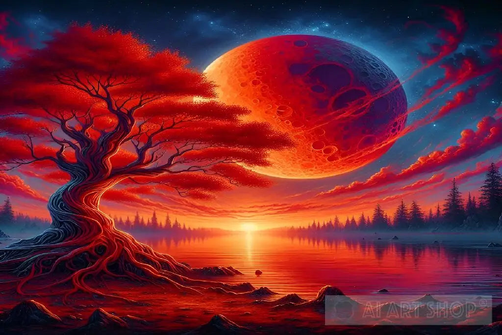 Dreamscape in Scarlet Tree and Surreal Red Moon, Tree, Surreal, Red...