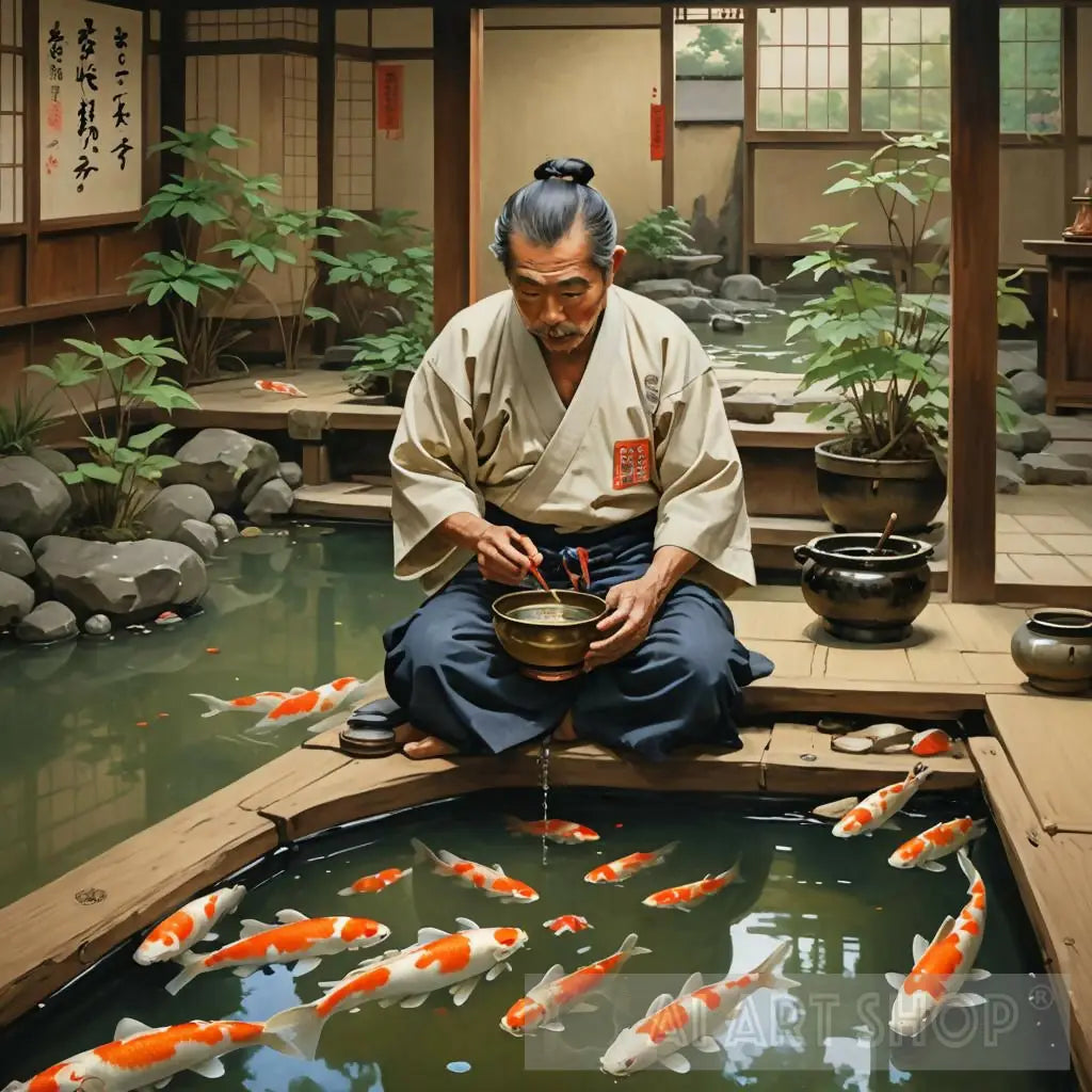 Drinking Rice Wine in a Japanese Dojo with a Pond of Koi Fish - Oil Pa