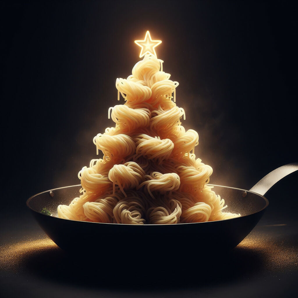 A whimsical Christmas tree crafted entirely of steaming spaghetti,
