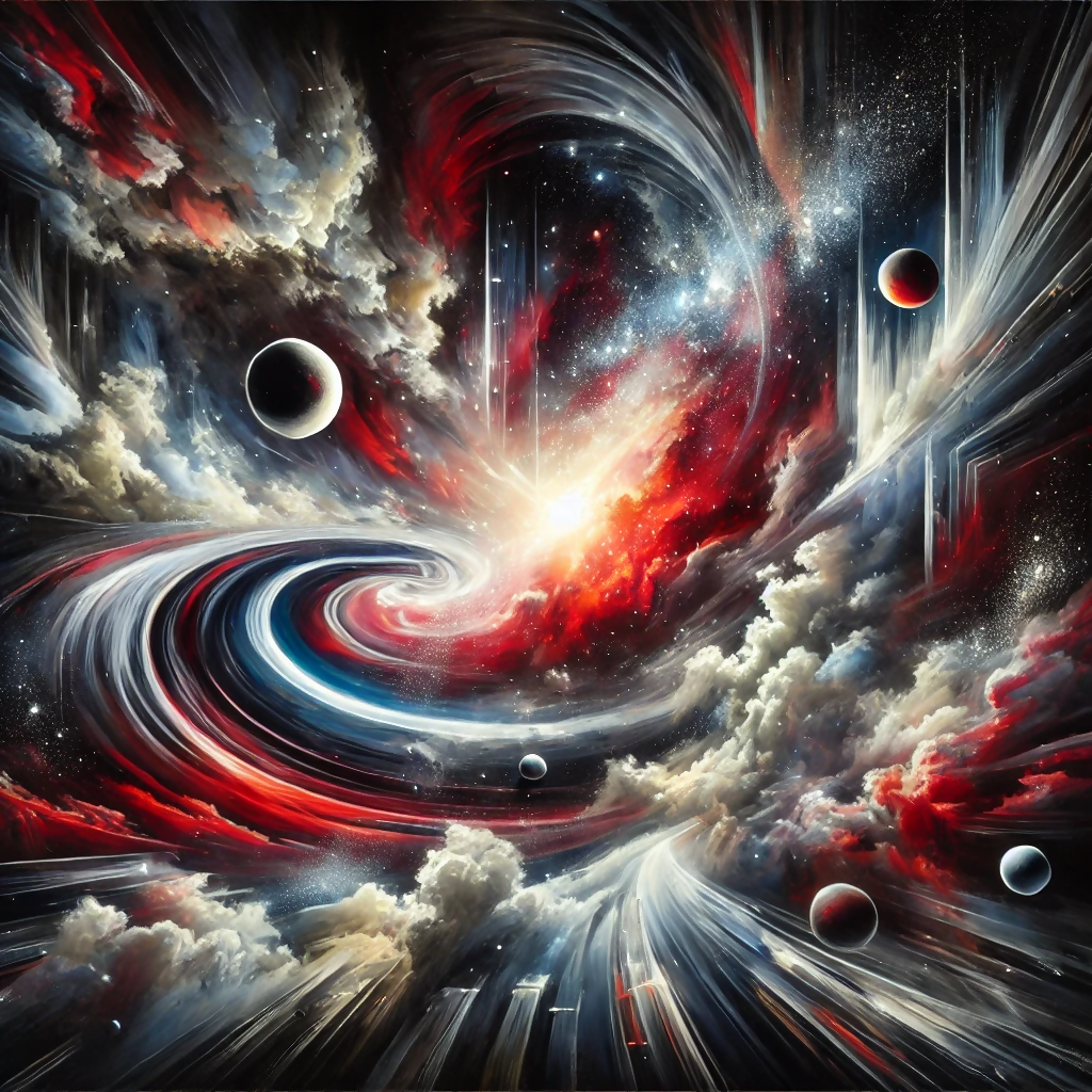 A surreal cosmic painting featuring swirling galaxies, glowing nebu...