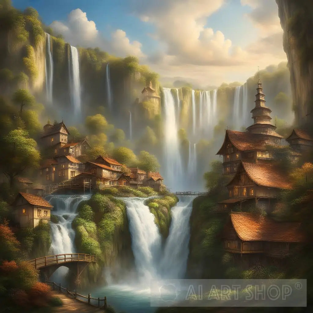 fantasy impressionist view of waterfalls in a town made of wood