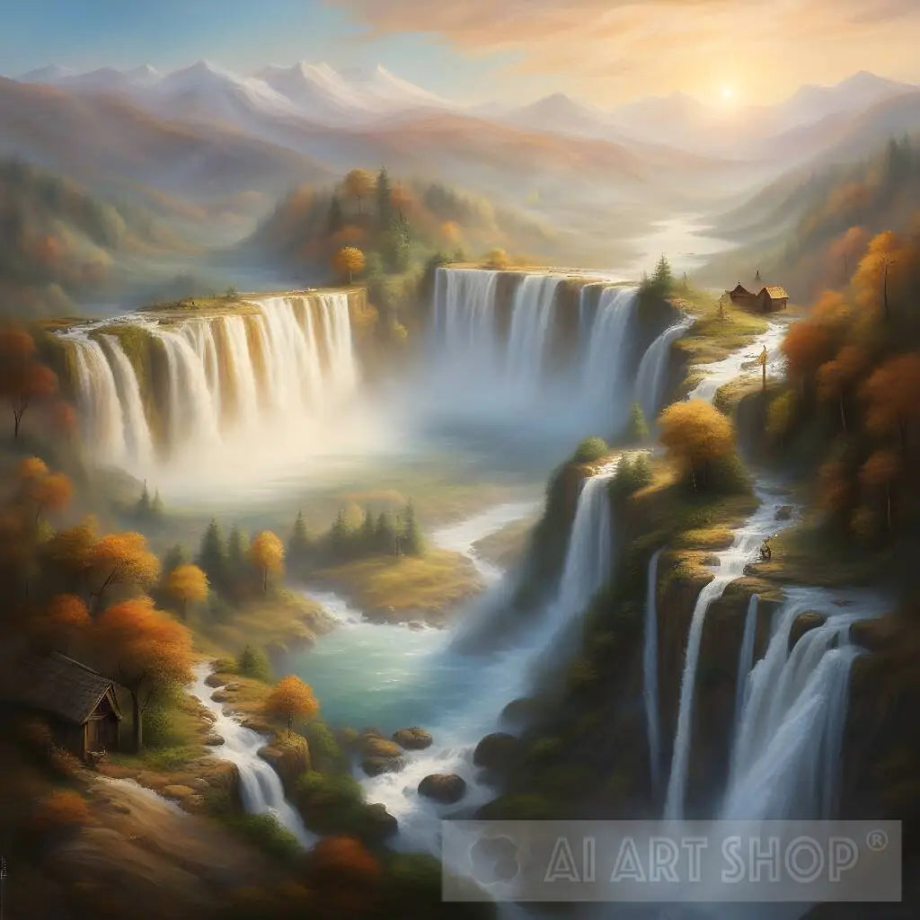fantasy impressionist view of waterfalls in a town made of wood