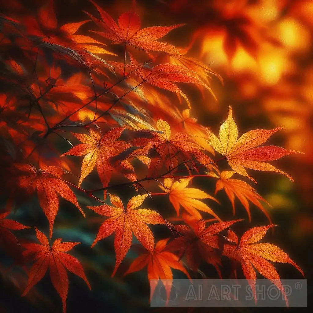 Detail of leaves on a Japanese maple tree in autumn, warm light, oi...