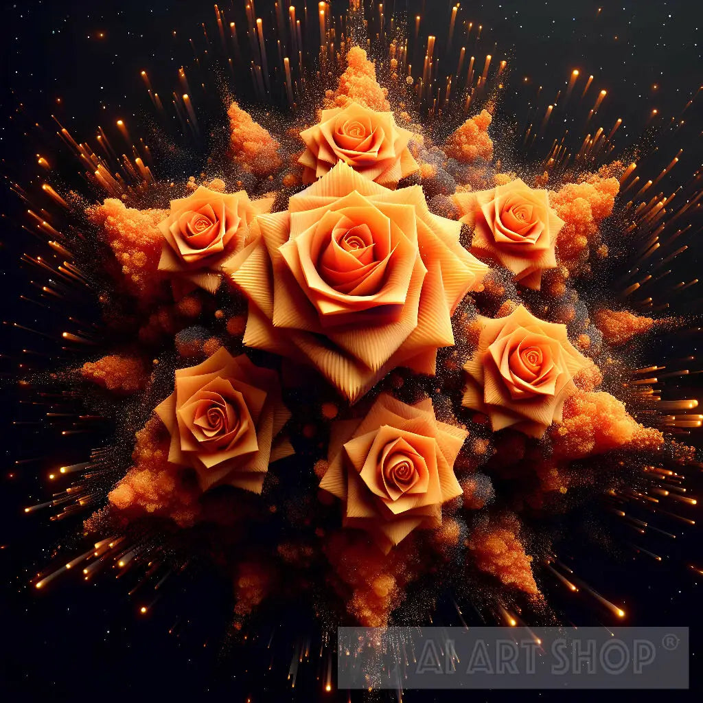 Photorealistic digital rose bouquet with ethereal cosmic elements.