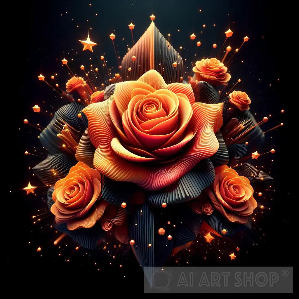 Photorealistic digital rose bouquet with ethereal cosmic elements.
