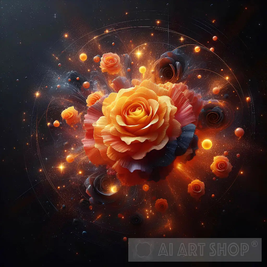 Photorealistic digital rose bouquet with ethereal cosmic elements.