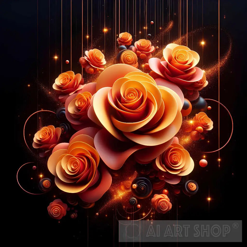 Photorealistic digital rose bouquet with ethereal cosmic elements.