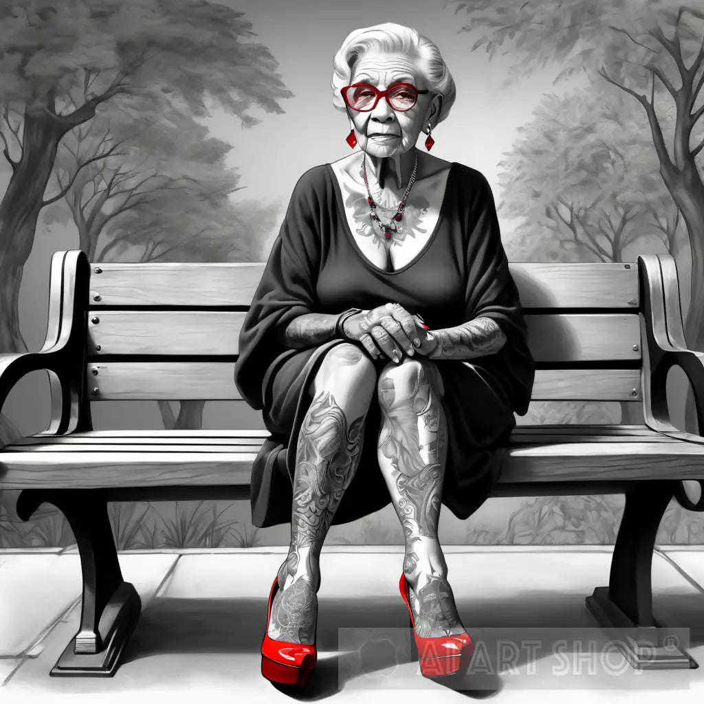 Lady with red high-heeled shoes sitting on a bench.
