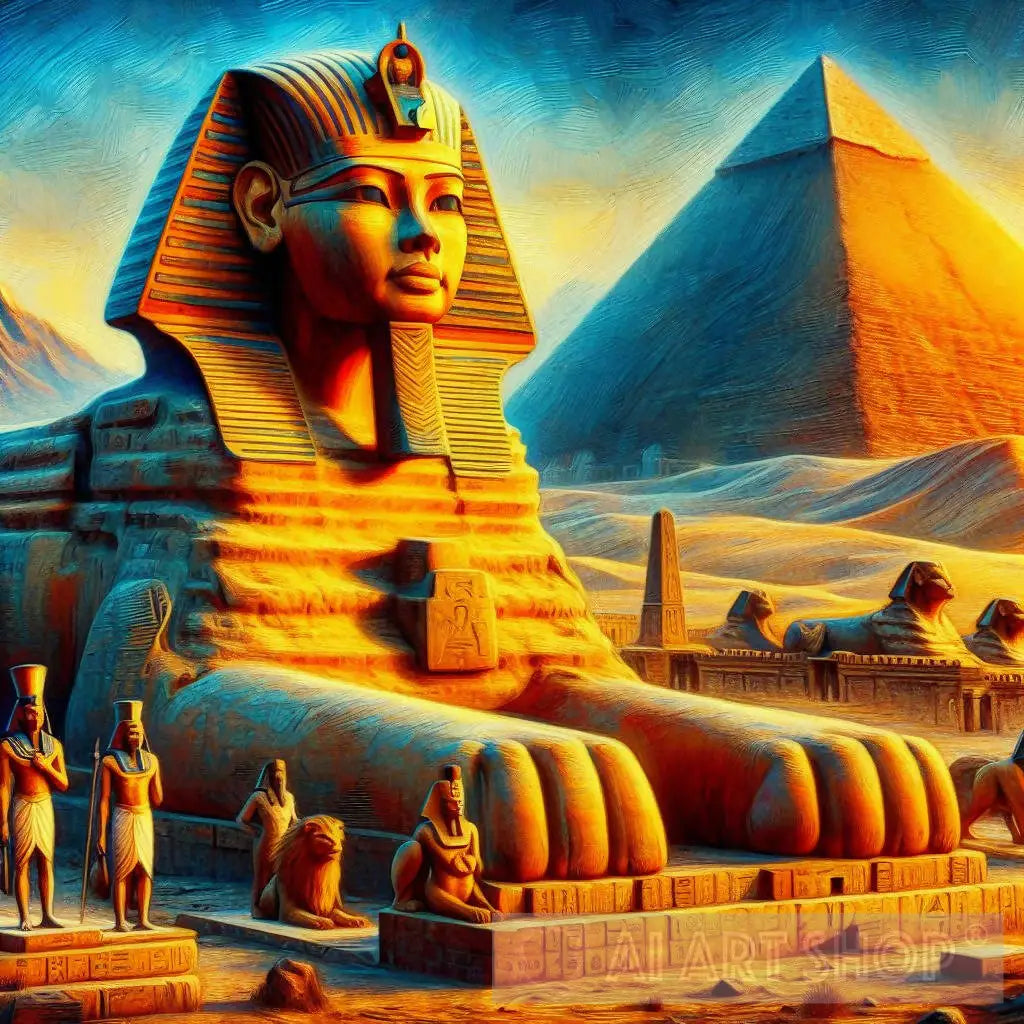 Egyptian civilization, Pharaohs, pyramids, Sphinx, oil colors, 3d