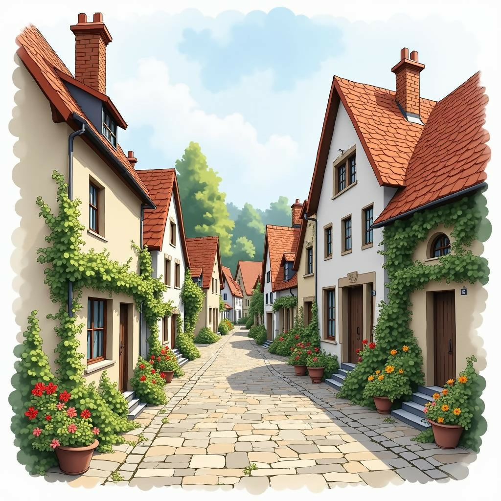 Quaint Village Charm | Charming Watercolor Depiction of a Village w...