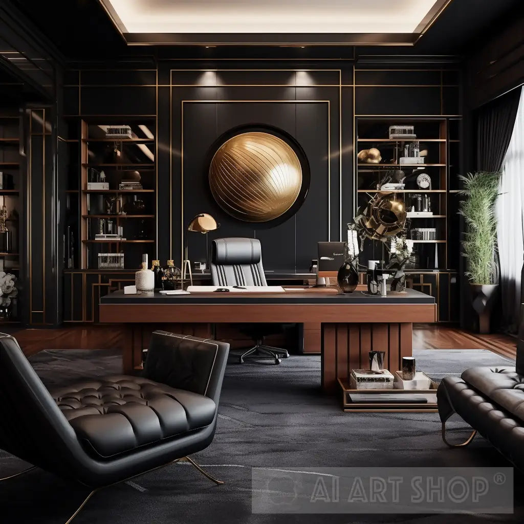 Elegant and Luxurious Home Office Photo Modern Design in Black, Gol...