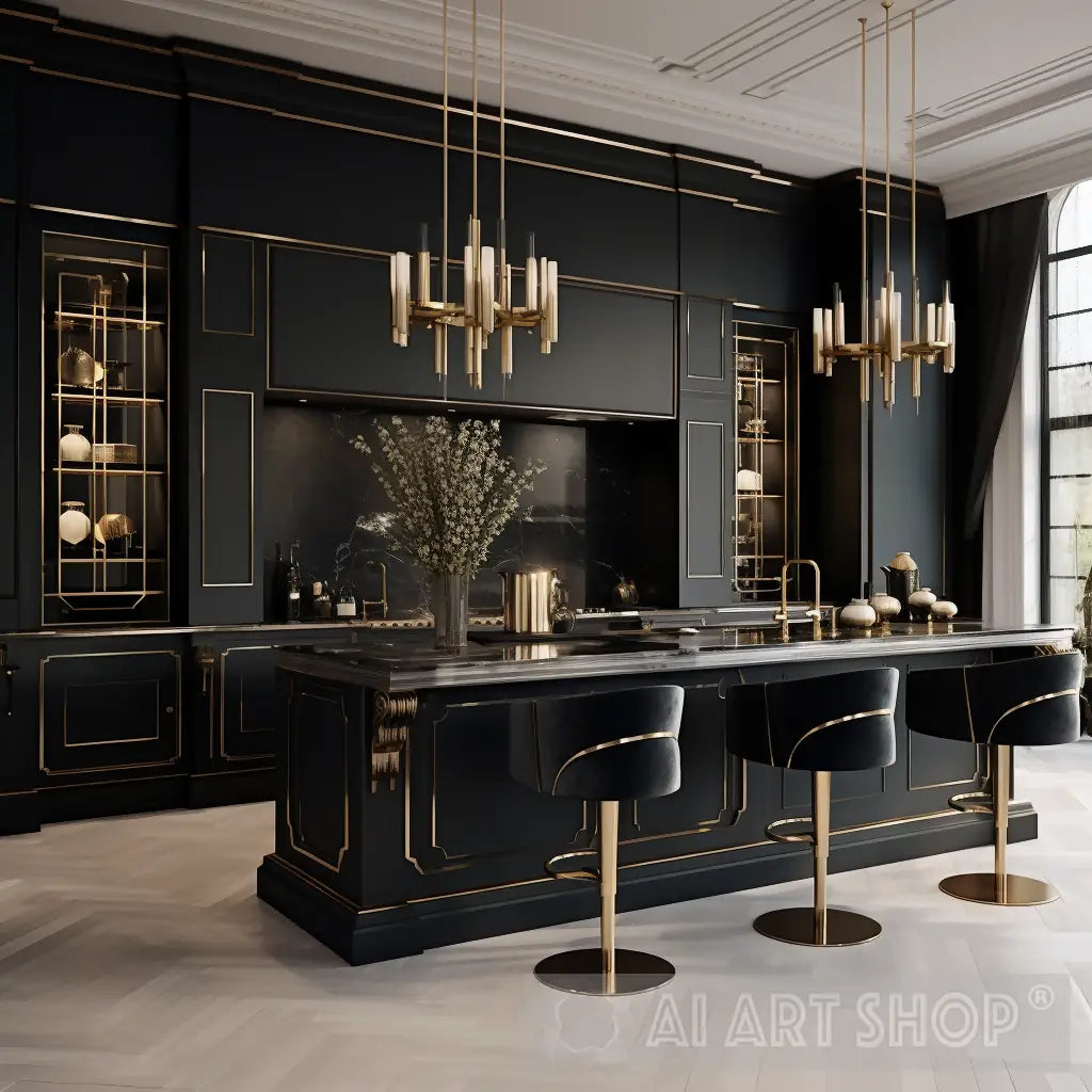 Elegant Kitchen Photo Modern Design in Black, Gold, White and Beige...