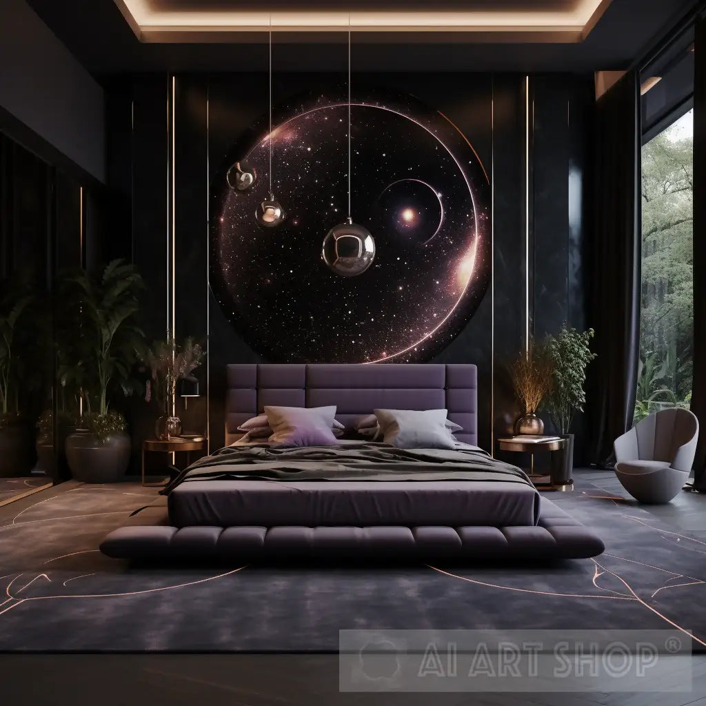 Elegant Space Bedroom Photo Modern Design in Black, Gold, Purple, G...