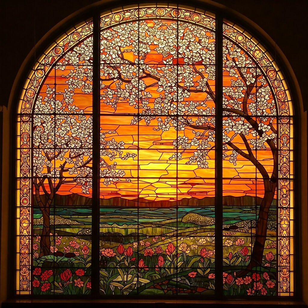 Art Nouveau Stained Glass: Sunset and Blossoming Trees