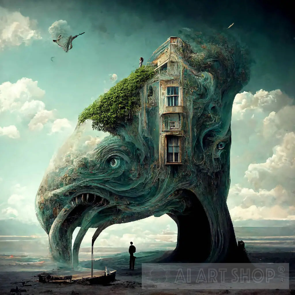 Enchanted Aquatic Dreamland - Surreal AI Art with Fish House and Tree