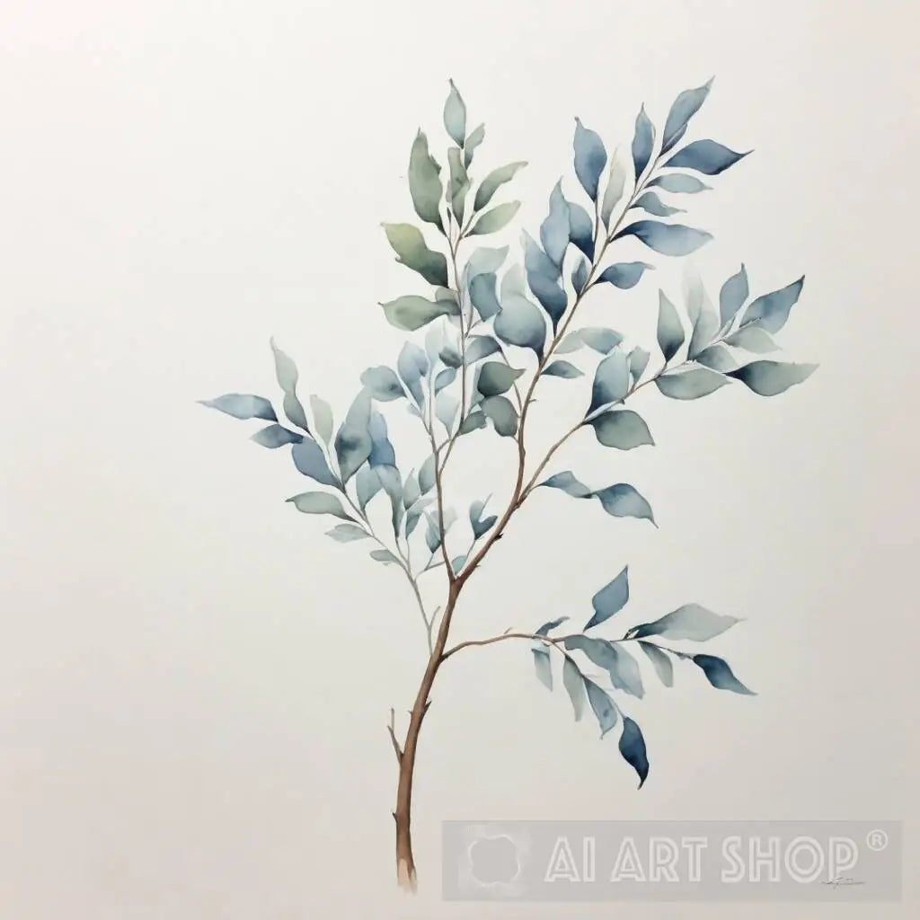 Watercolor Painting of Blue Tree Branch Enchanting Blue Leaves - Wa...