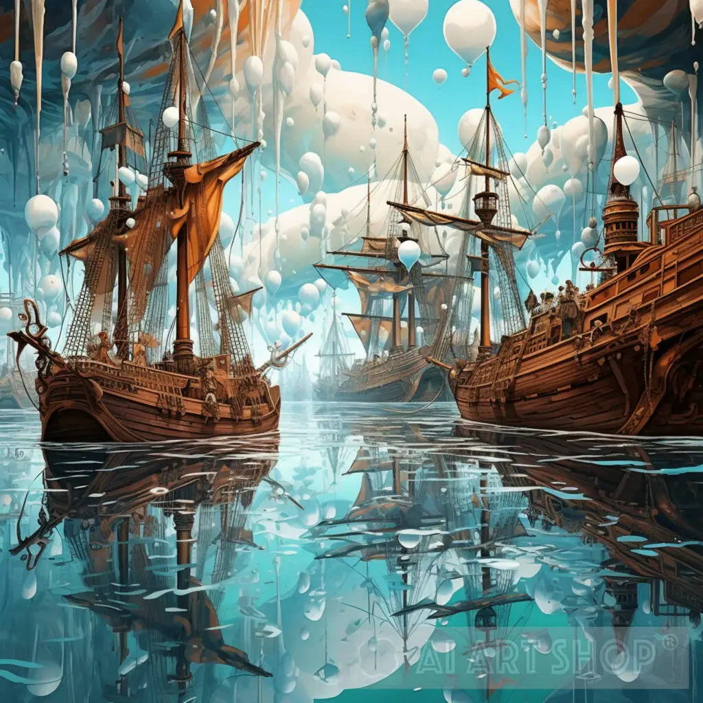 Enchanted Maritime Realm: Ships Afloat in a Surreal Surrounding