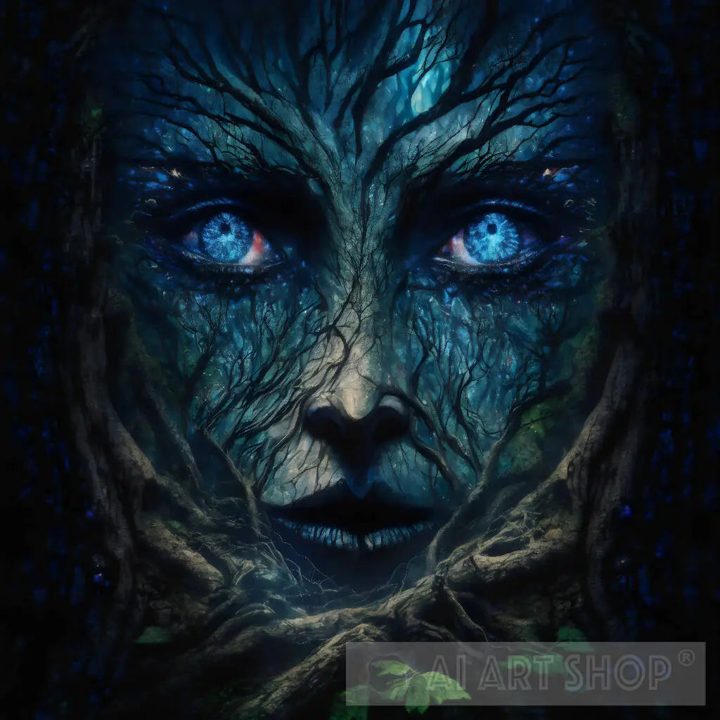 Witch's Blue Eyes: Mystical Forest Face Art Print