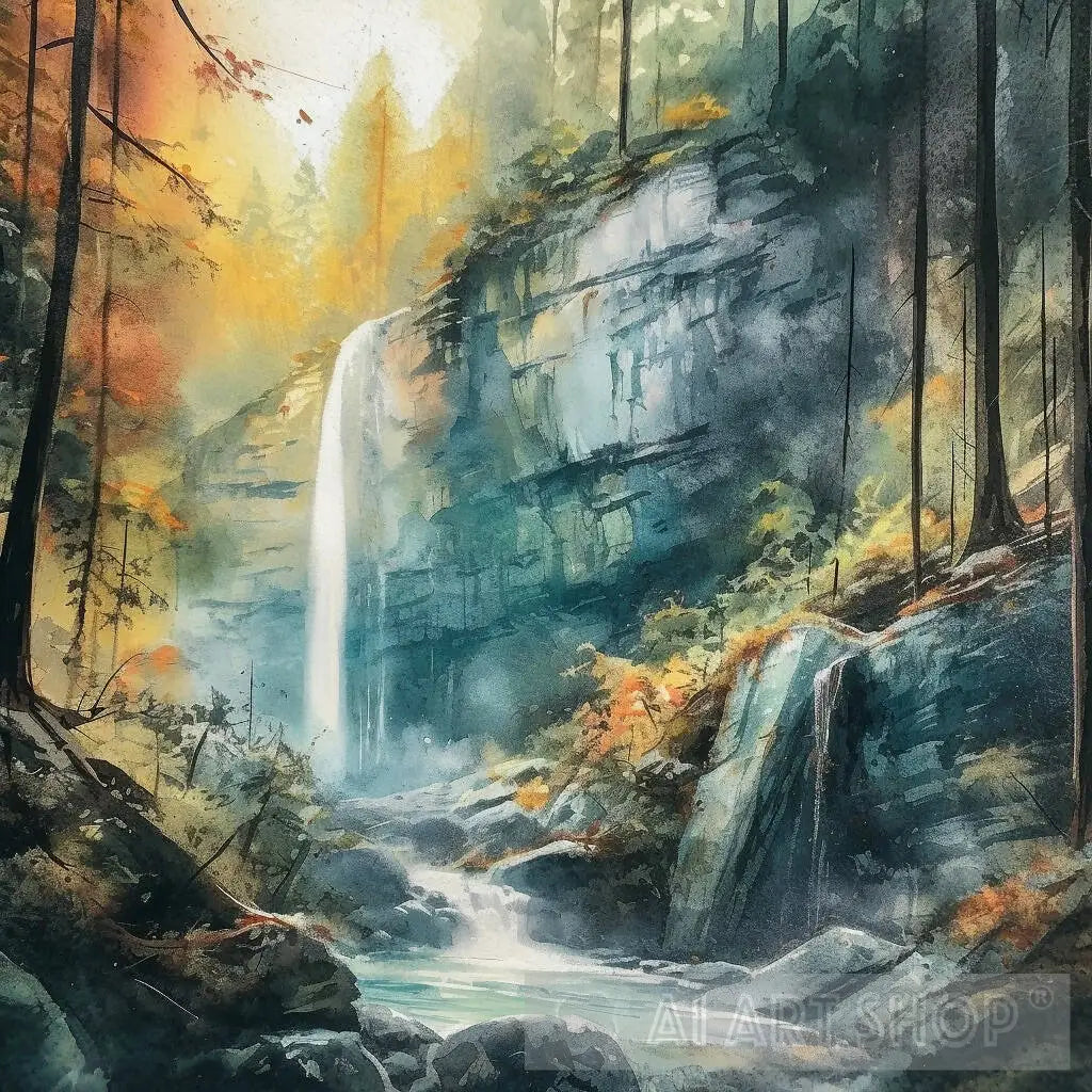 ai generated digital art watercolor mystical enchanted waterfall