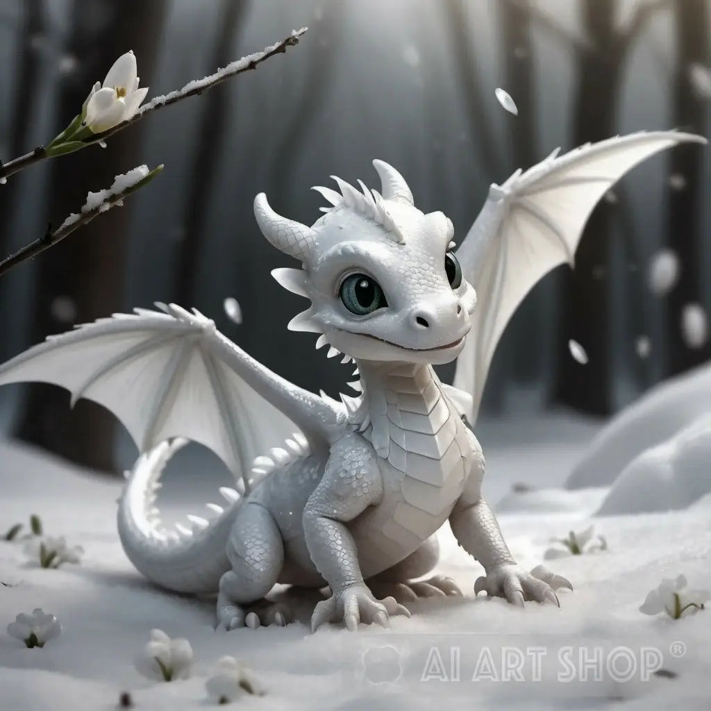 Enchanting Winter Dragonling Amidst Snowy Blossoms