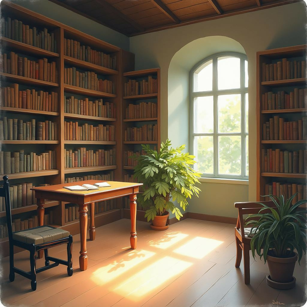 Quiet Library Retreat | Serene Watercolor of a Cozy Library with Ol...
