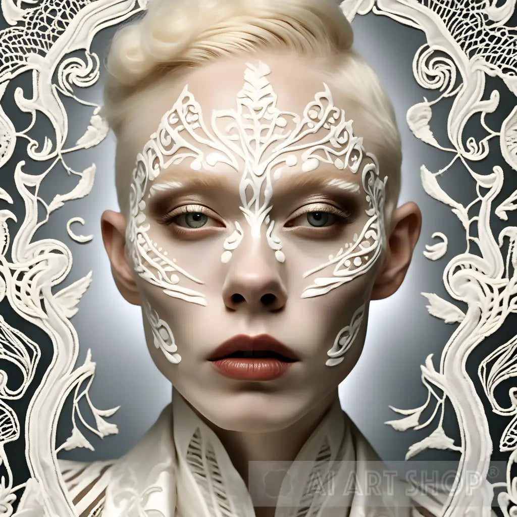 Ethereal Androgynous Woman - AI Portrait with White Filigree Detail...