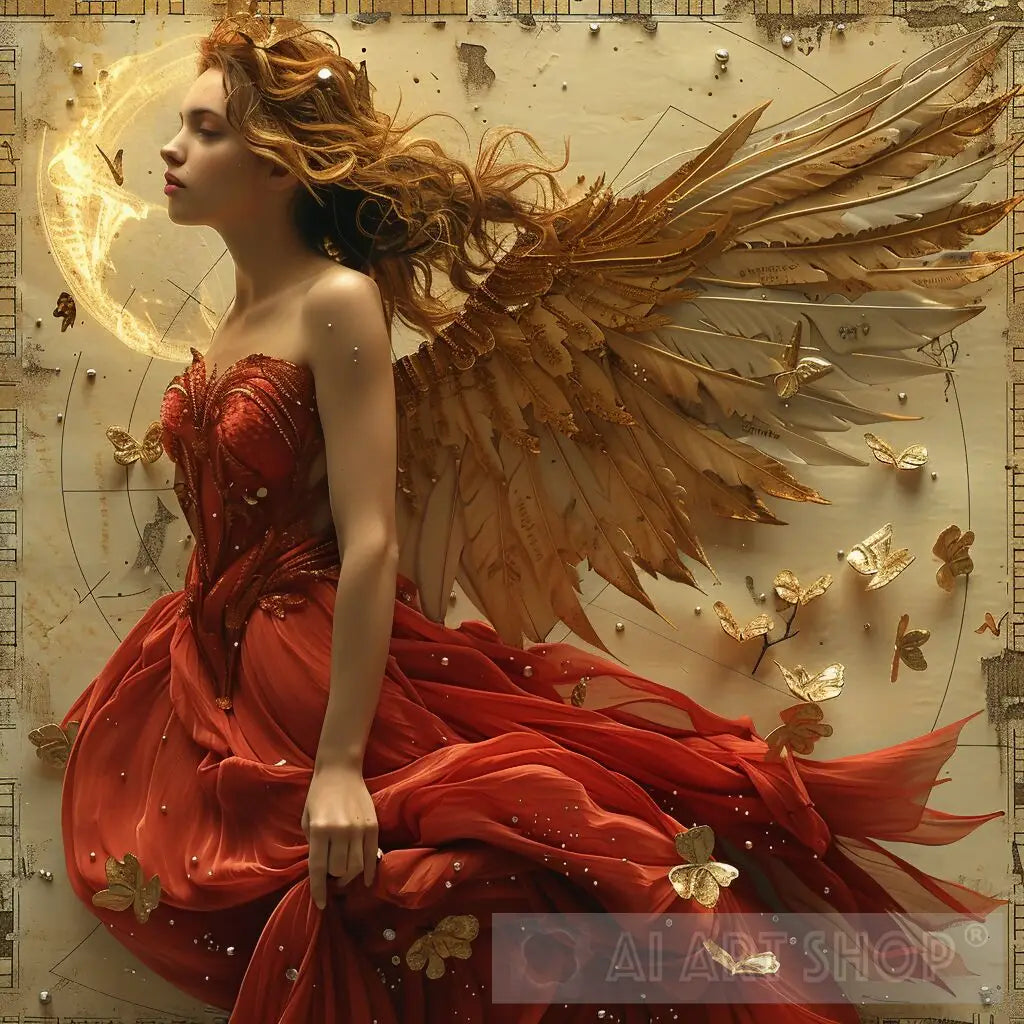 fantasy, angelic, ethereal, red dress, golden wings, vintage backgr...