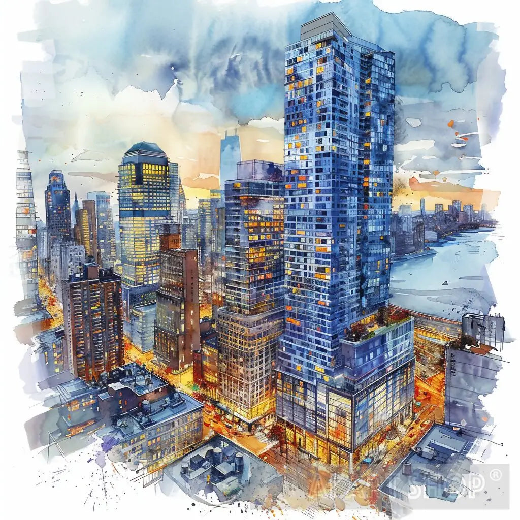 Evening Skyline: Vibrant Watercolor Cityscape