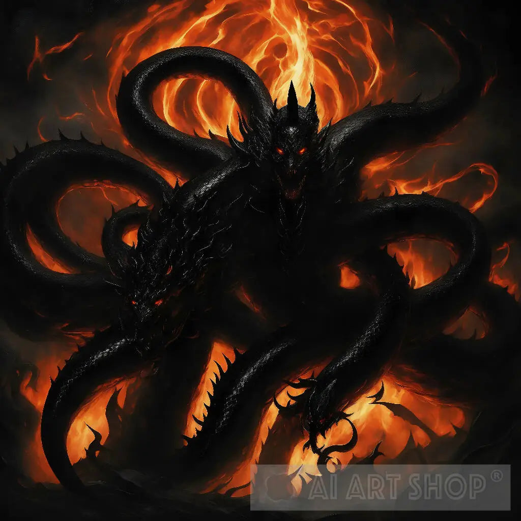 Evil Demon on a fiery background wrapped in black snakes