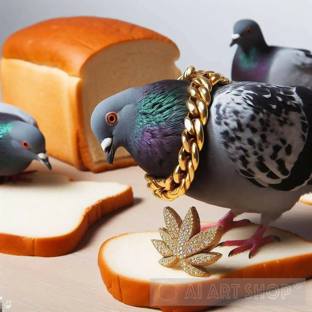 Extremely Wealthy Pigeon Posing with Slice of Bread and Bling Bling