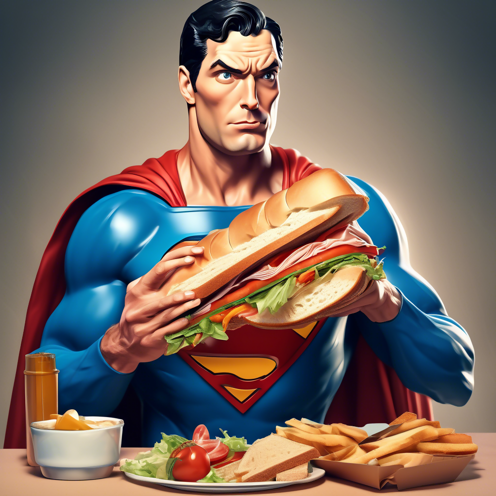 Superman holding sub sandwich