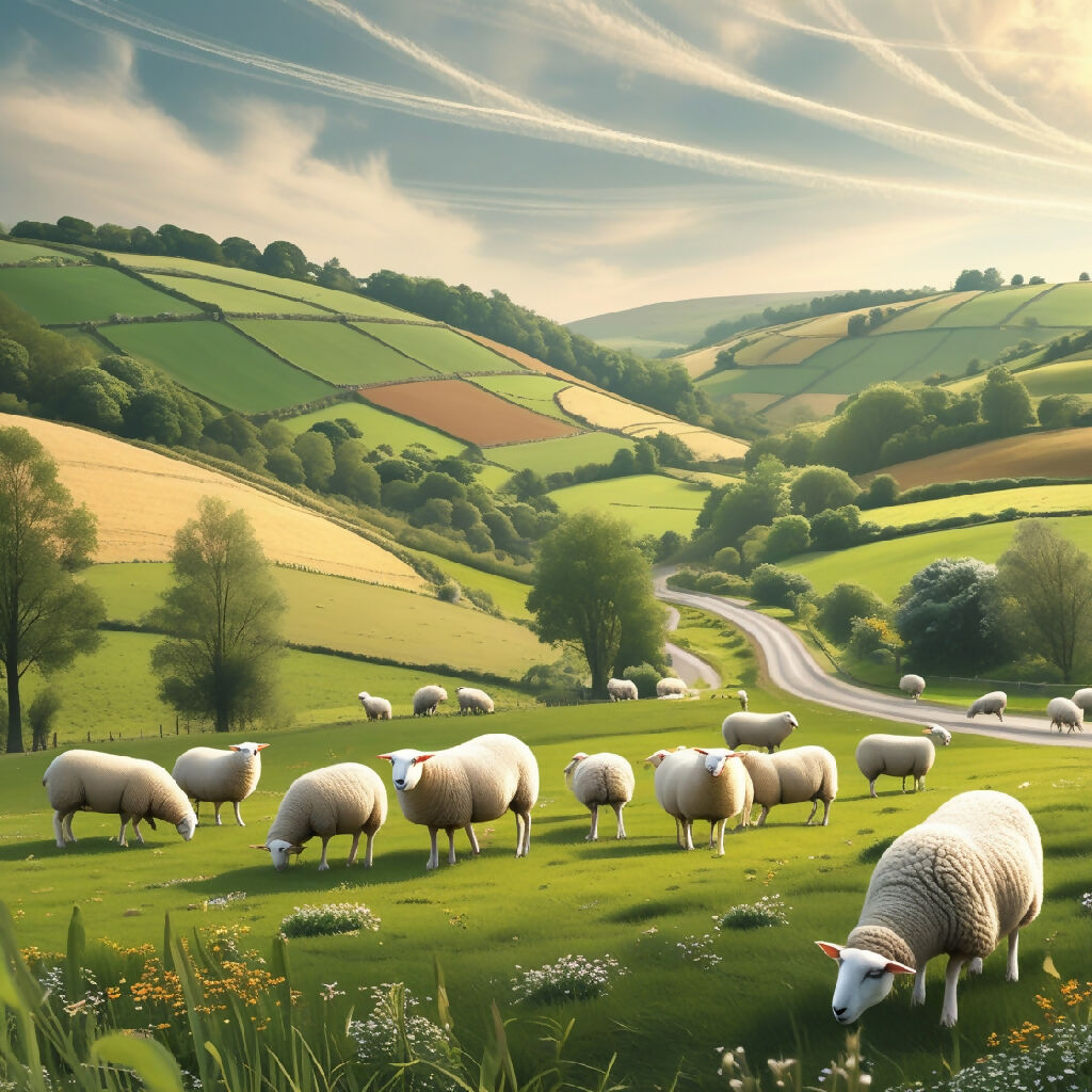 A pastoral countryside scene patchwork green fields