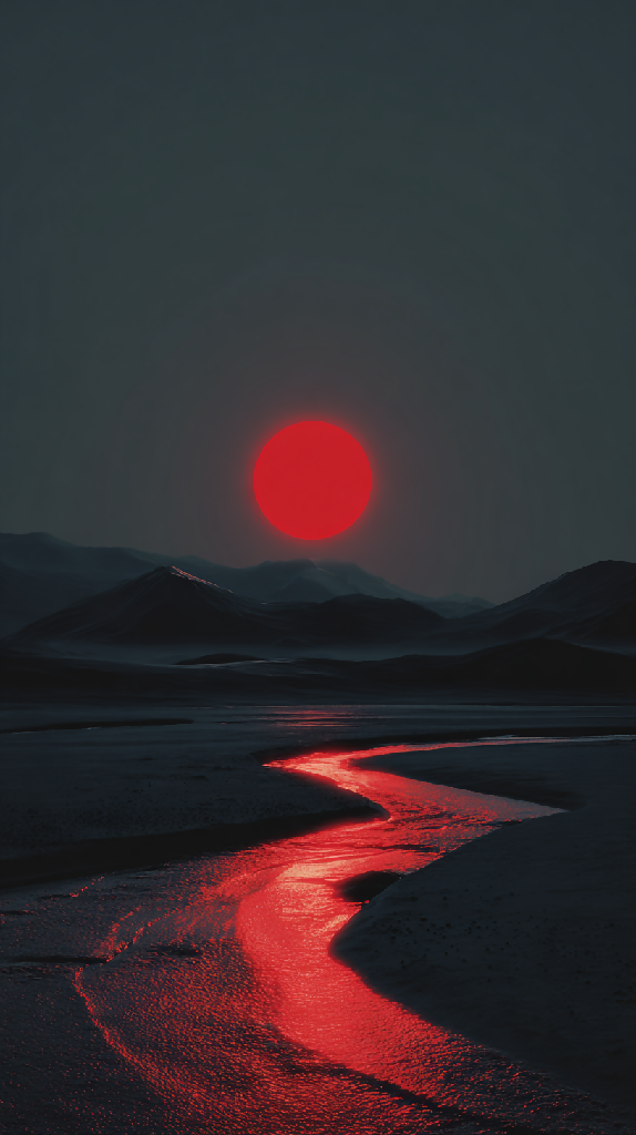 Surreal Red Eclipse Landscapes – Abstract Riverlight Series