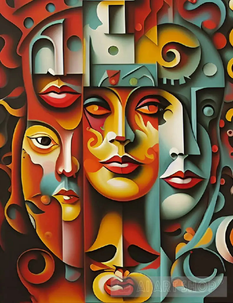 surreal AI painting for four colorful closeup faces