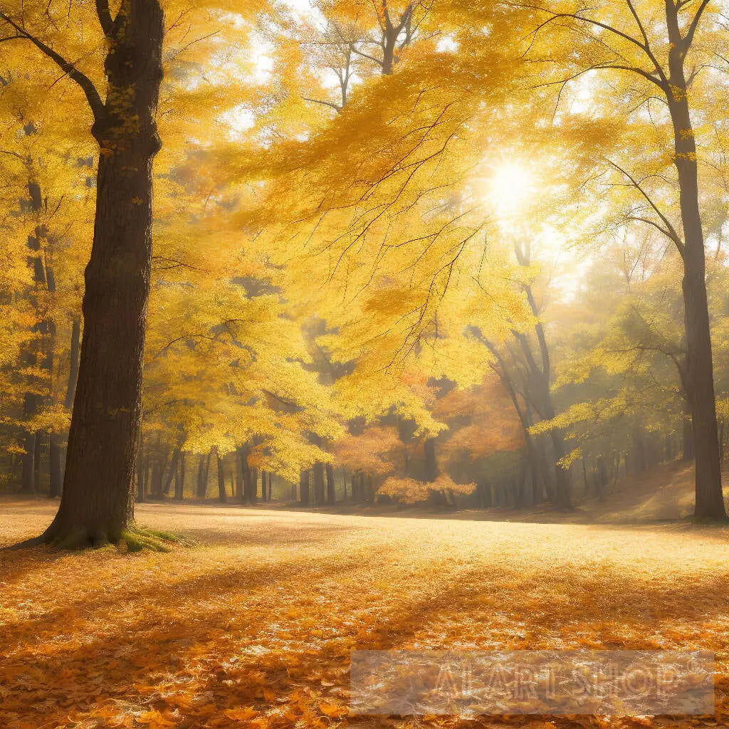 Falling oak leaves on the scenic autumn forest illuminated by morni...