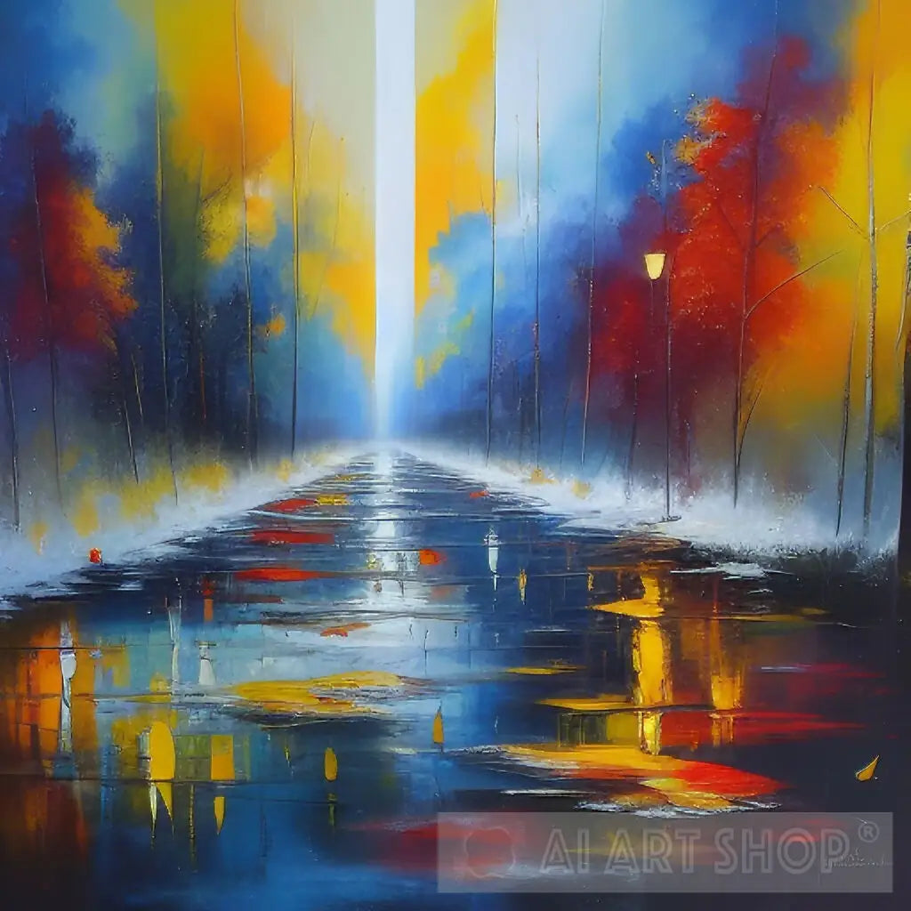 Abstract, oil paint, colors, street, path, road, city, streetlight,...