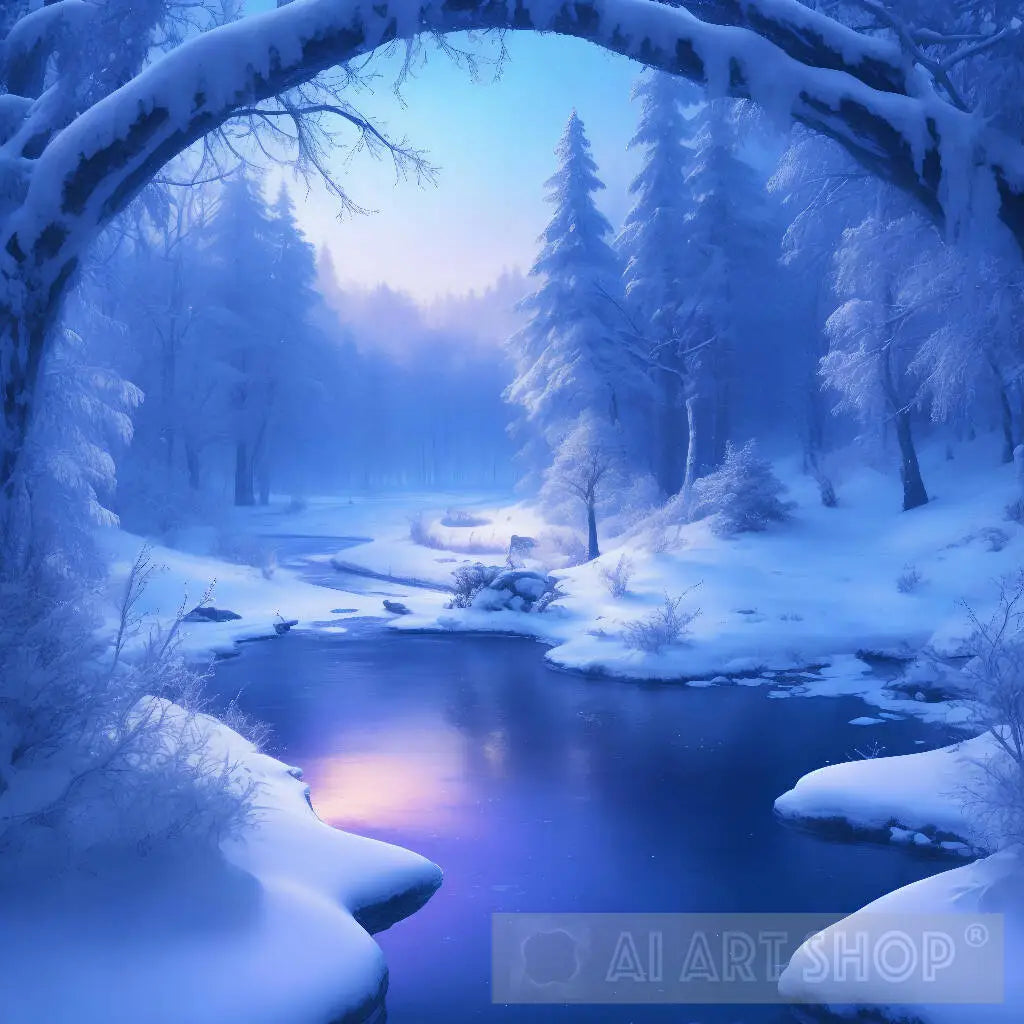 Fantasy winter landscape with a frozen river and snow-covered trees...