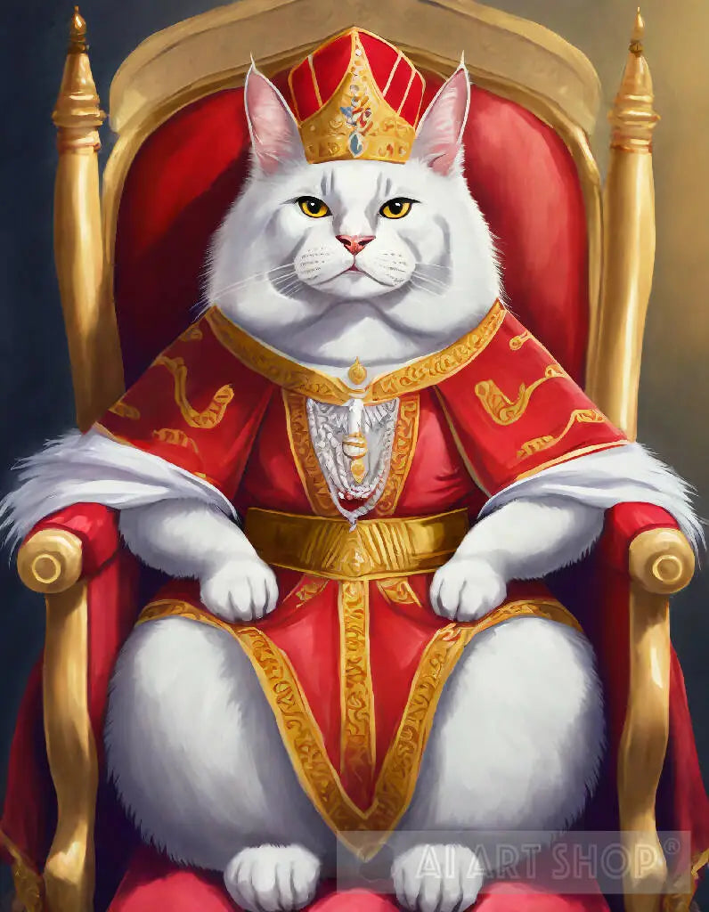 Fat male white cat dressed as a king sitting on a throne
