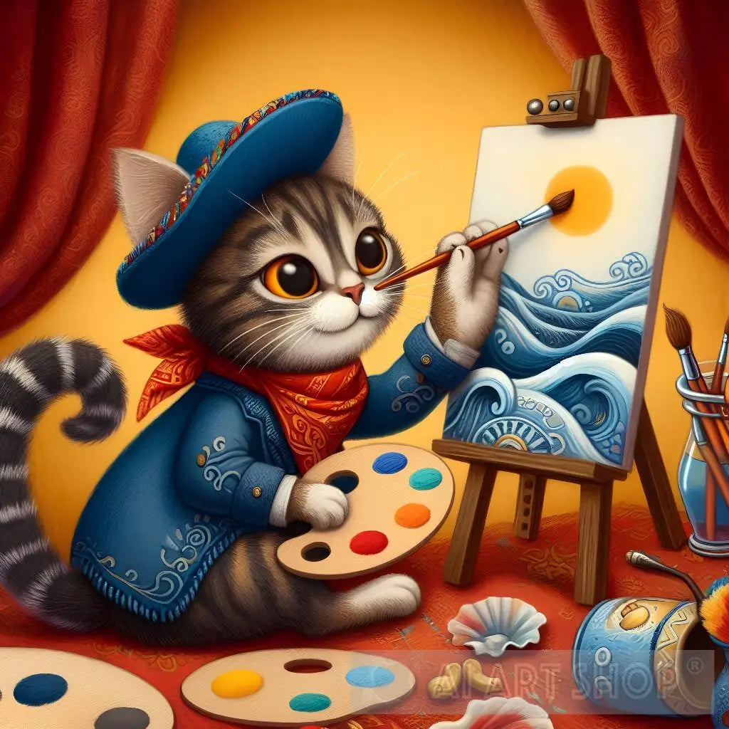 Cat - Sombrero- Paintbrush - Sunset - Art - Imagination