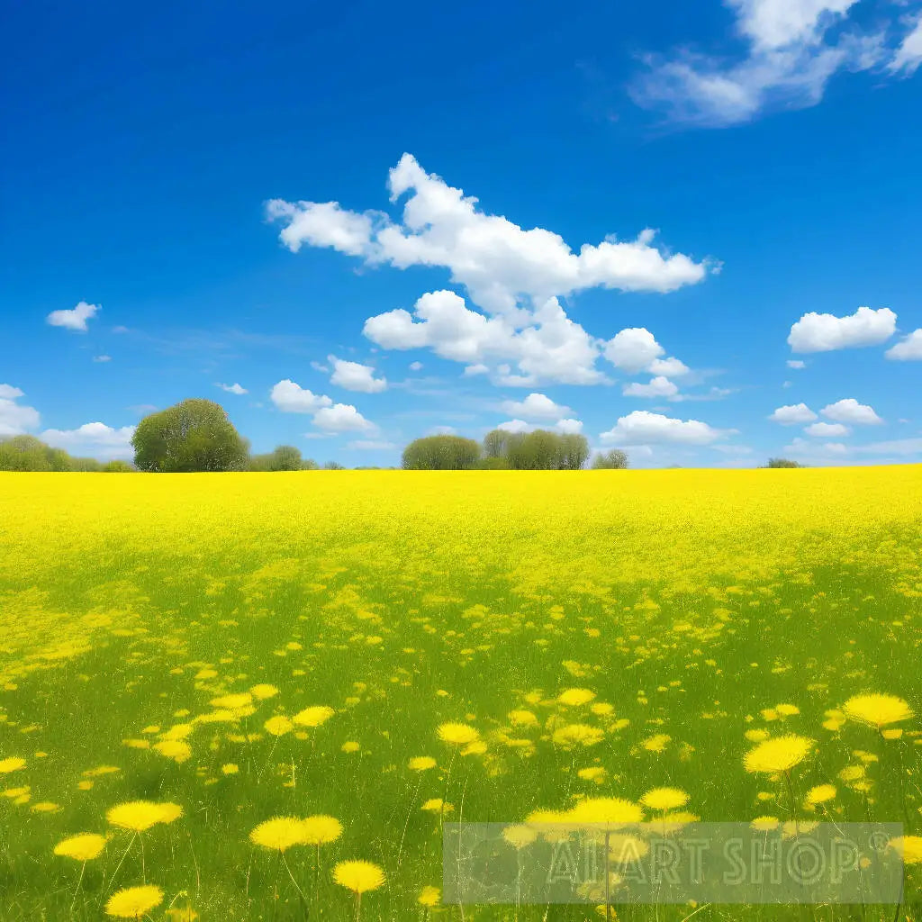 Field with yellow dandelions and a blue sky