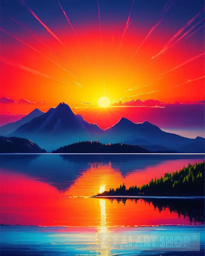 Sunset, mountain, line, water, lake