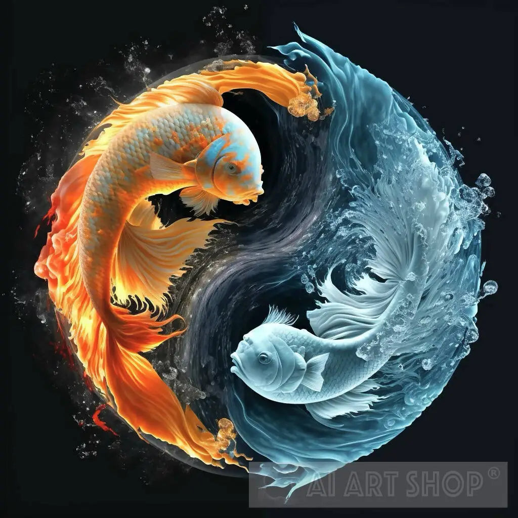 Stunning render of flame and water elemental fish in a yin yang con...