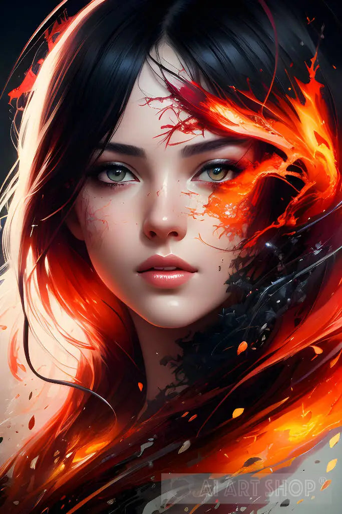 AI Artwork, Ai Painting, Digital Painting, Portrait, Fire, Red, Ice,
