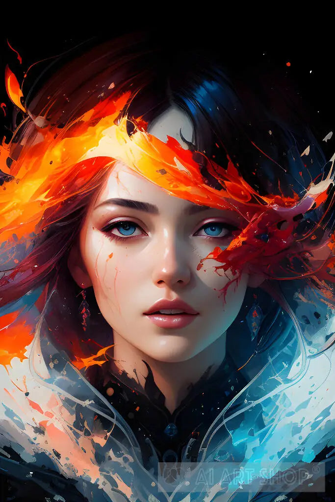 AI Artwork, Ai Painting, Digital Painting, Portrait, Fire, Red, Ice,