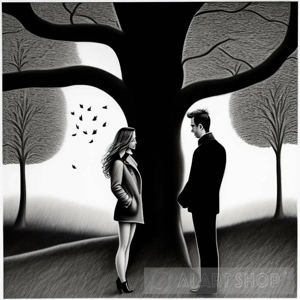 Black and White Artwork, Romantic Art, First Encounter, Love at Fir...
