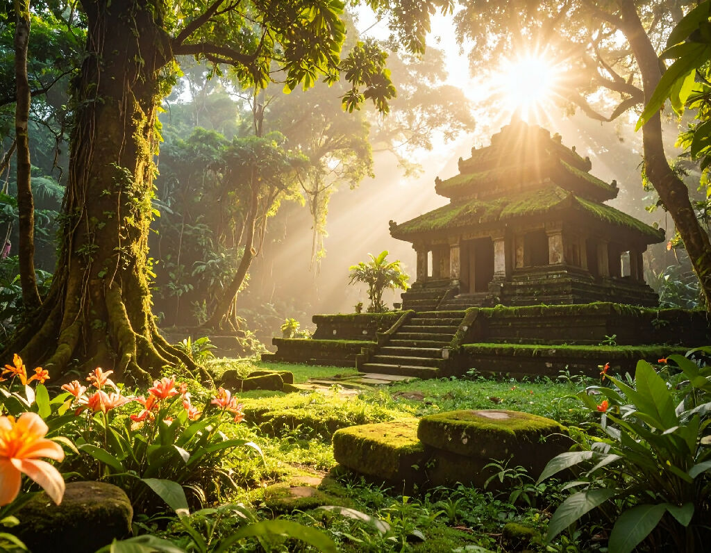 ancient overgrown temple hidden deep in the jungle,
