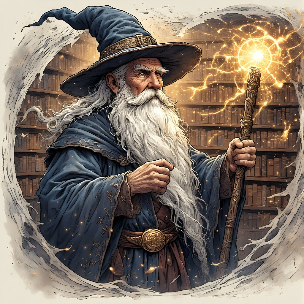 wizard portrait blue robe gold embroidery magical staff glowing orb...