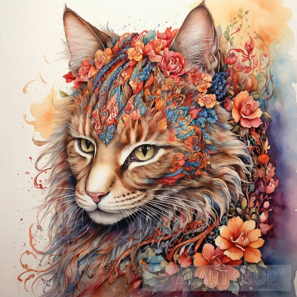 Floral Feline Symphony: Captivating Cat Art amidst a Garden of Beau...