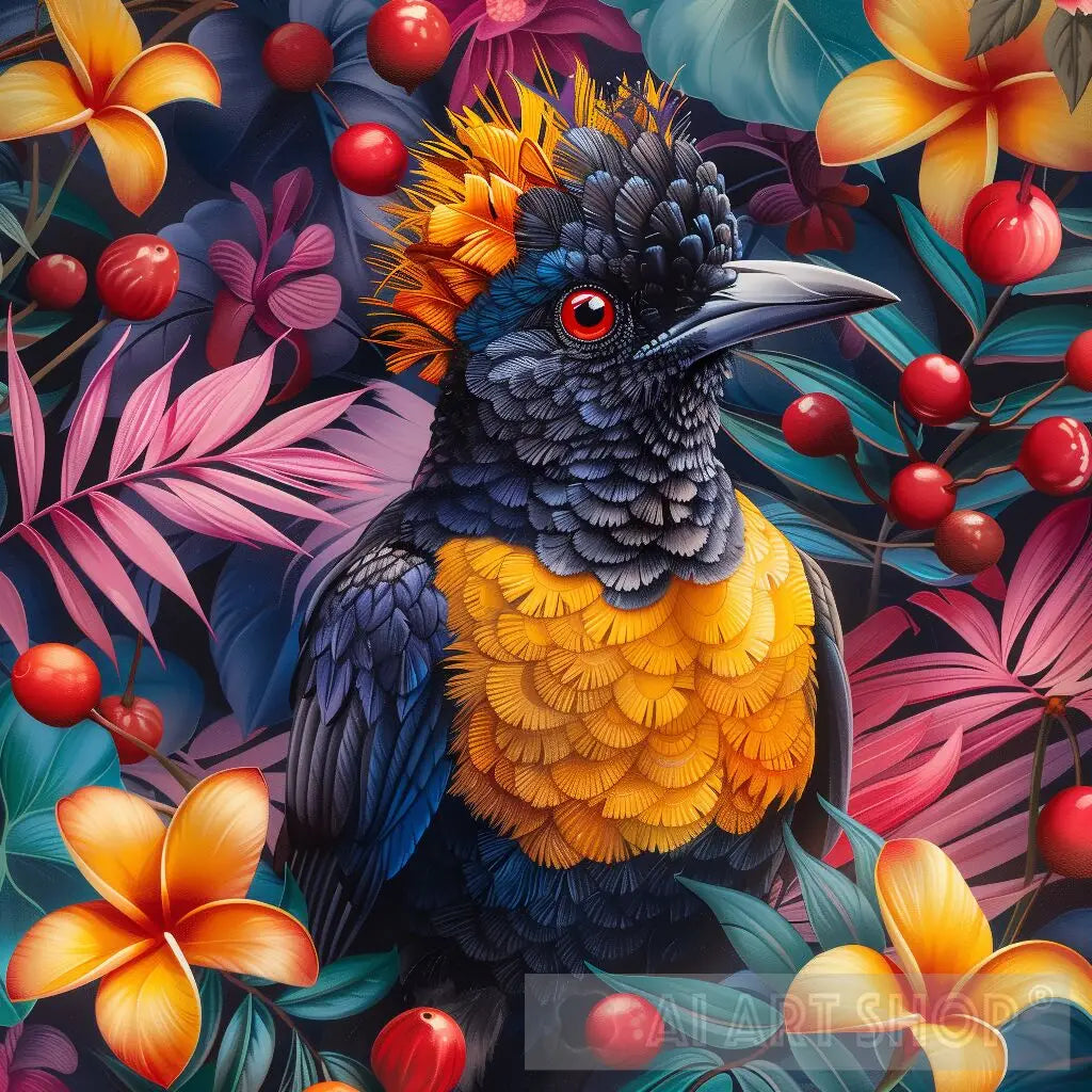 Colorful Bird, Tropical Flora, Plumeria, Botanical Illustration, Vi...