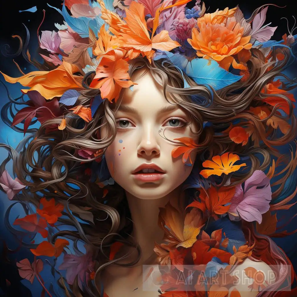 Floral Symphony: Woman Adorned in Colorful Leaves and Flowers